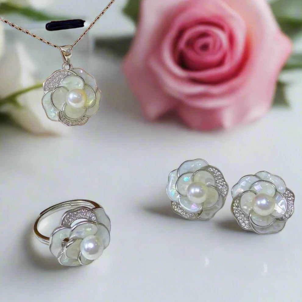 Shell Flower Natural Freshwater Pearl Jewelry Set from Black Diamonds New York