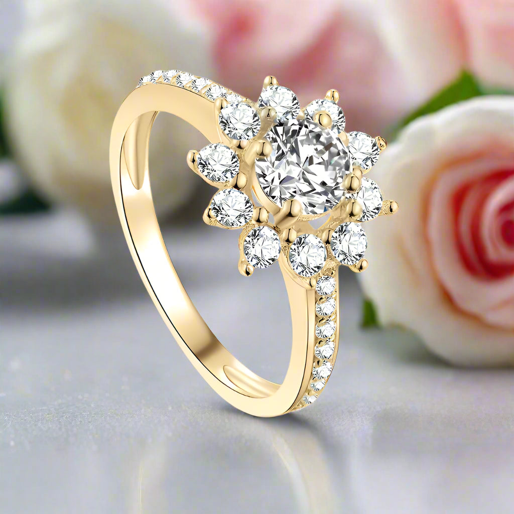 10K Yellow Gold Round Diamond Sunflower Shaped Engagement Ring from ...