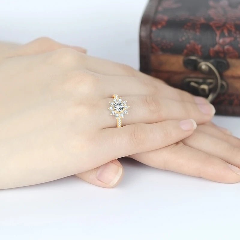 10K Yellow Gold Round Diamond Sunflower Shaped Engagement Ring from ...
