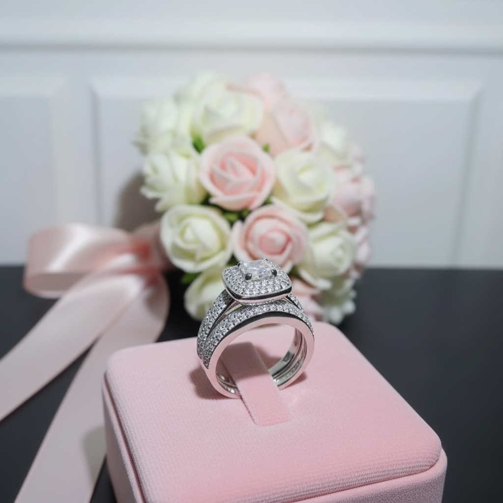 2Pcs 2.26 Ct Princess Cut Diamond Option Double Halo Ring Set – Black ...