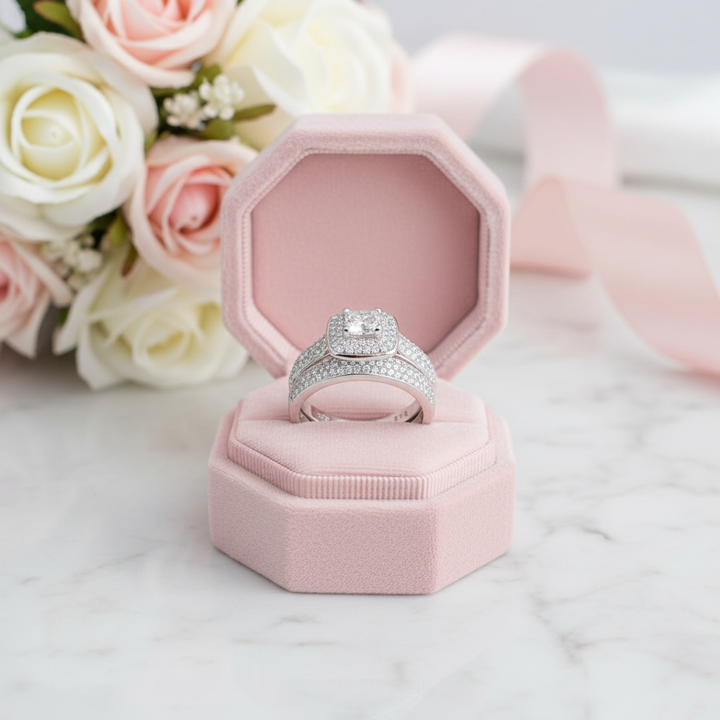 2Pcs 2.26 Ct Princess Cut Diamond Option Double Halo Ring Set – Black ...