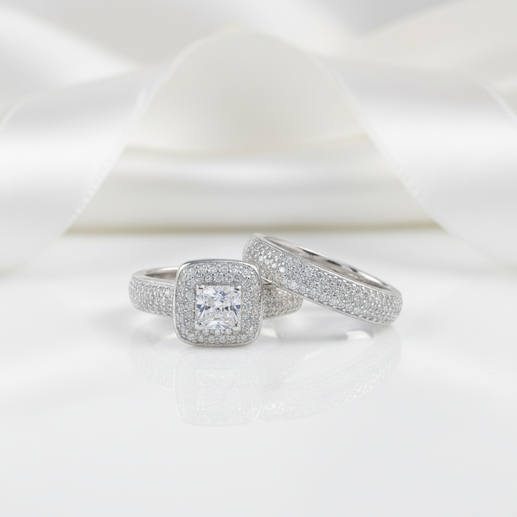 2Pcs 2.26 Ct Princess Cut Diamond Option Double Halo Ring Set – Black ...