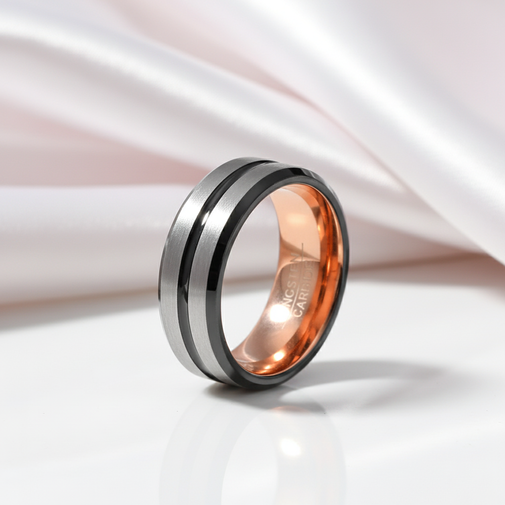 Rose Gold Inner Ring & Black Bevel Groove Tungsten Carbide Men's Ring ...