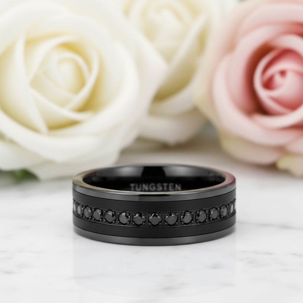 Diamond Option Inlay Beveled Edges Black Tungsten Men's Wedding Band ...