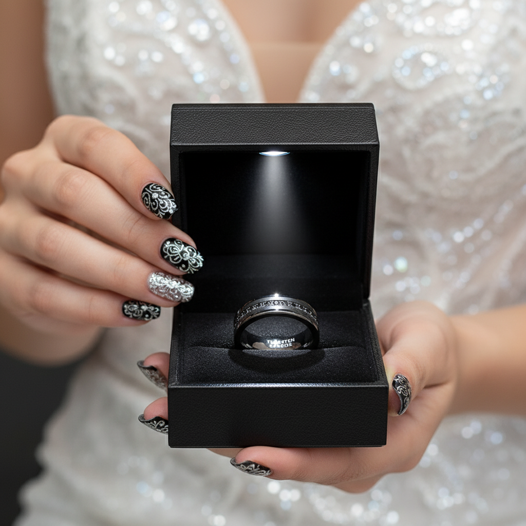 Diamond Option Inlay Beveled Edges Black Tungsten Men's Wedding Band ...