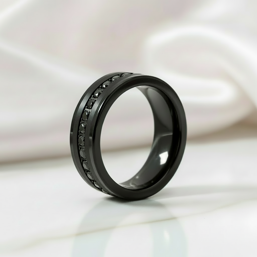 Diamond Option Inlay Beveled Edges Black Tungsten Men's Wedding Band ...