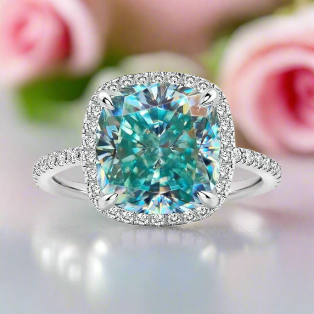 Exquisite Halo Cushion Cut Cyan Blue Diamond Engagement Ring – Black ...