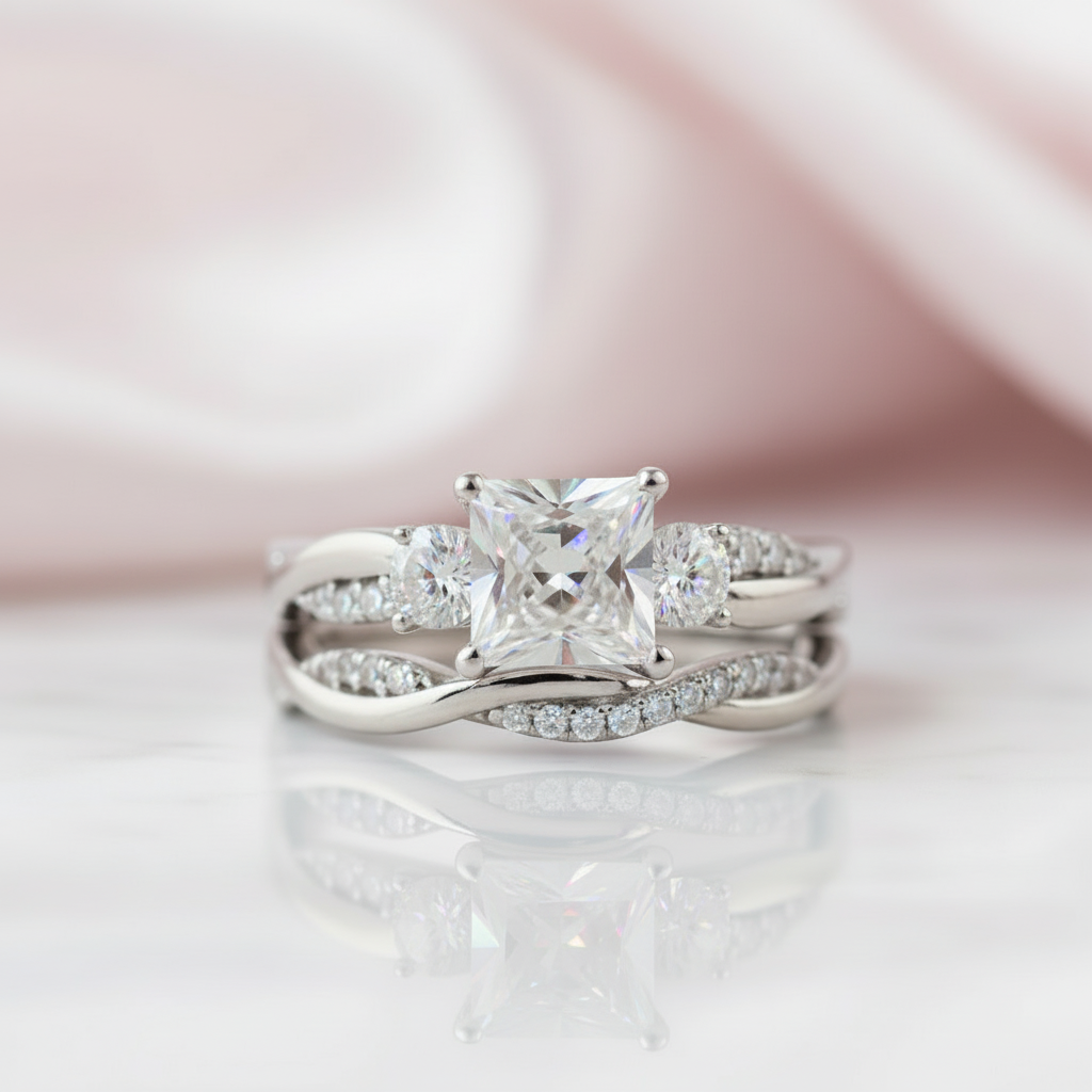 Princess Cut Diamond Option Eternity Twist Cross Wedding Ring Set ...