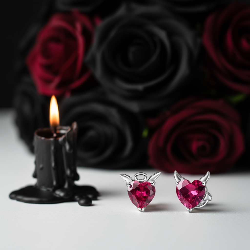 Angel & Devil Pink Heart Cut Diamond Option Stud Earrings – Black ...