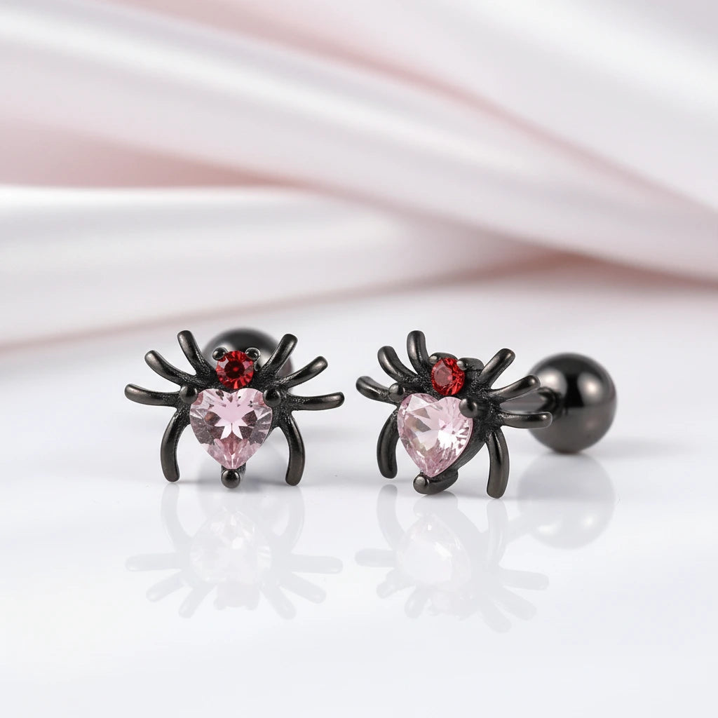 Spider Stud Earrings with Pink Heart Diamond from Black Diamonds New York