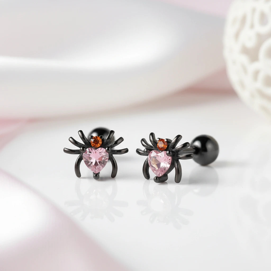 Spider Stud Earrings with Pink Heart Diamond from Black Diamonds New York