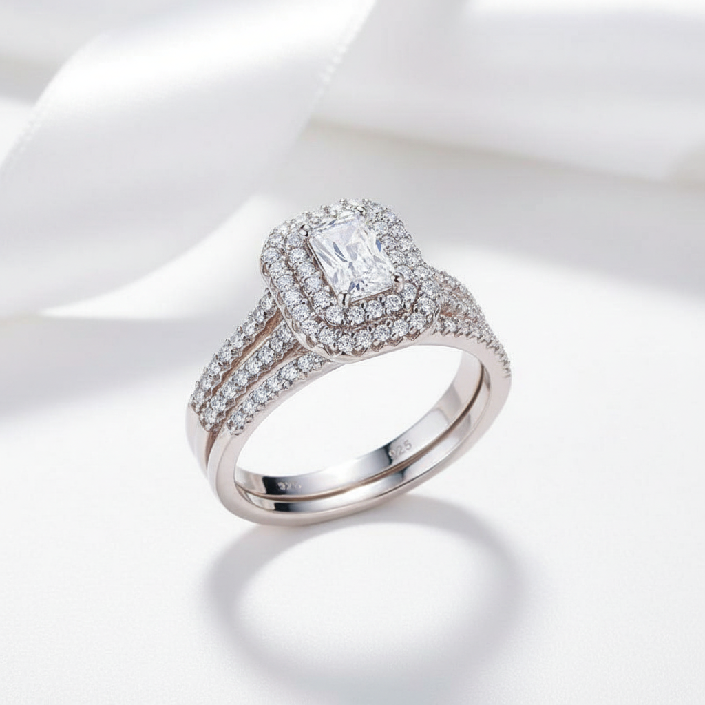 Radiant-Cut Diamond Double-Halo Split Shank Ring Set – Black Diamonds ...
