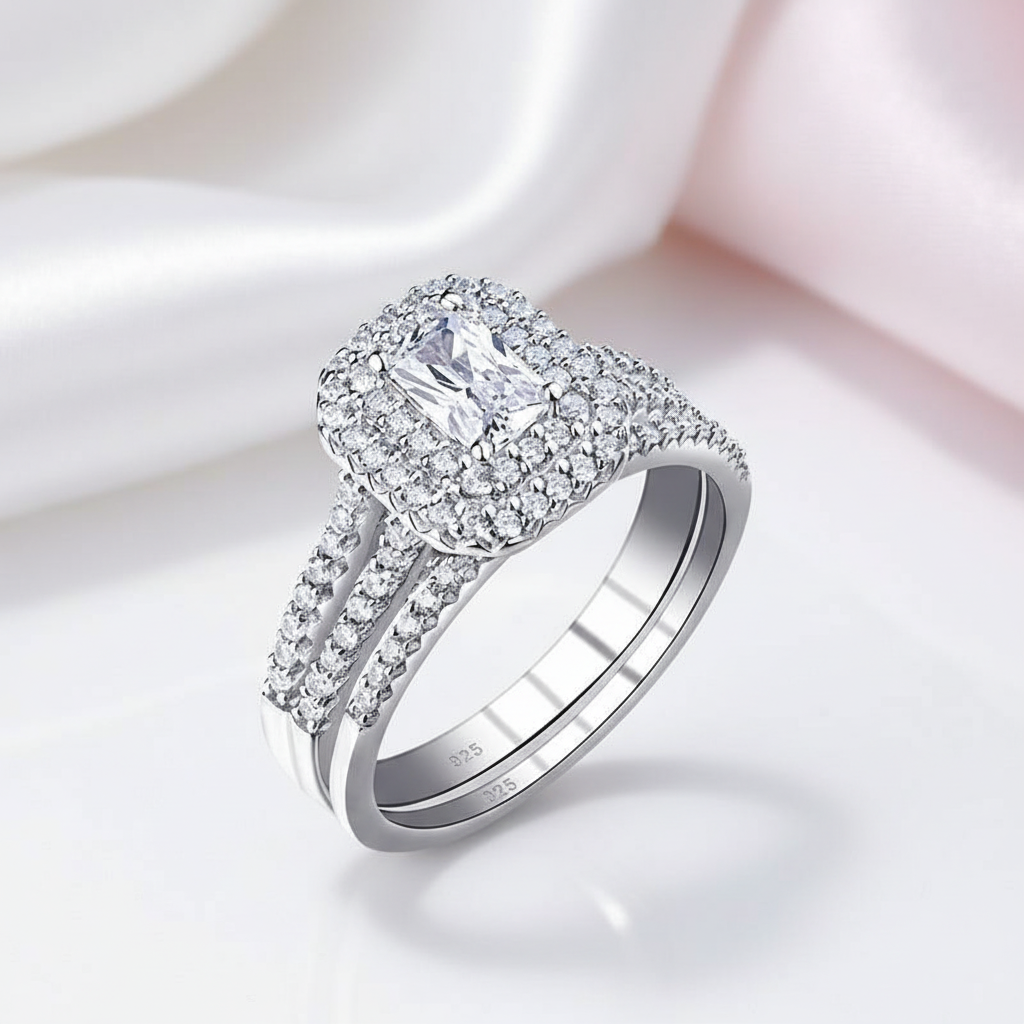 Radiant-Cut Diamond Double-Halo Split Shank Ring Set – Black Diamonds ...