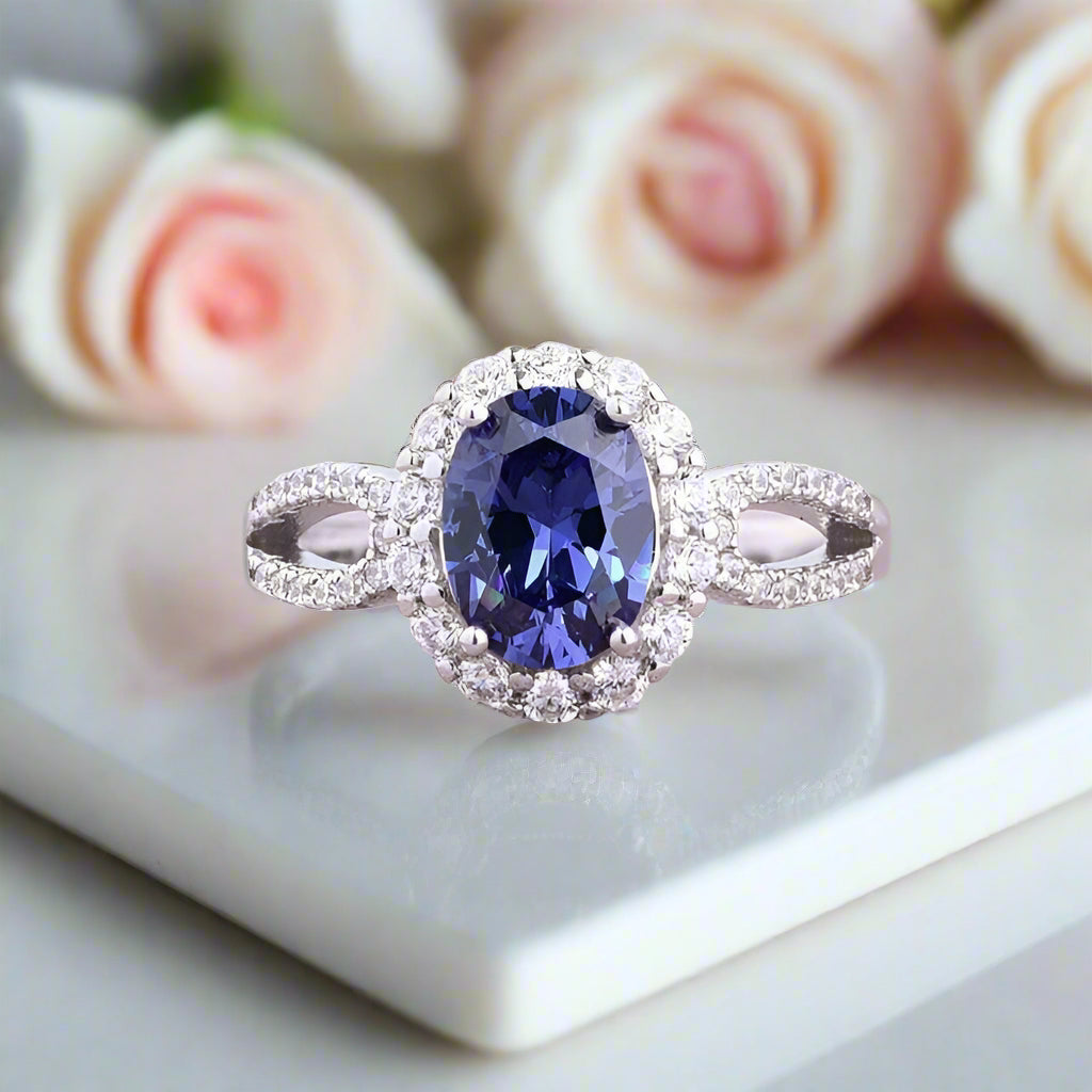 1.0 ct Blue Sapphire Oval Cut Halo Engagement Ring from Black Diamonds ...