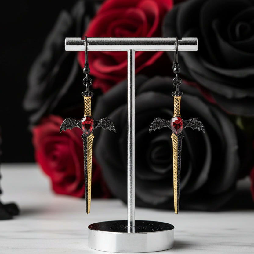1.05Ct Natural Garnet Bat's Wing Sword Drop Earrings – Black Diamonds ...