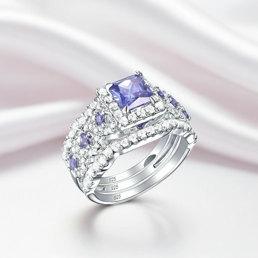 Purple Blue Princess Cut Tanzanite Gemstone Engagement Ring Set – Black ...
