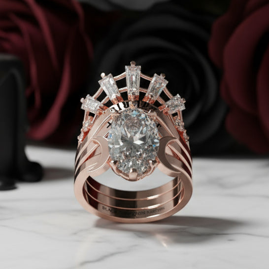 Always and Forever Promise Rings- Oval Cut Diamond Gothic Bridal Set in 14k Rose Gold from Black ...