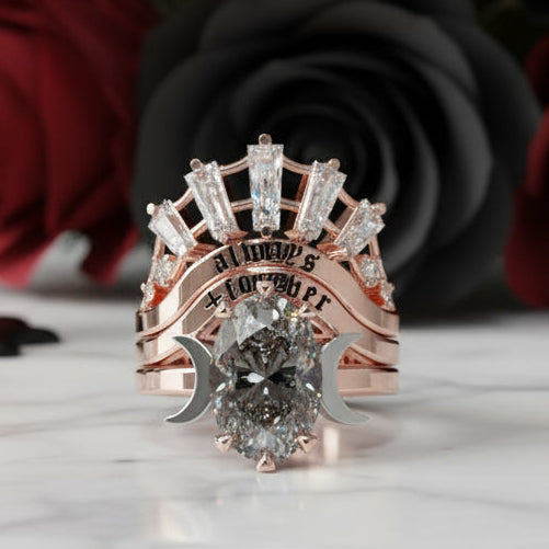 Always and Forever Promise Rings- Oval Cut Diamond Gothic Bridal Set in 14k Rose Gold from Black ...