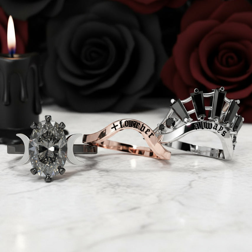 Always and Forever Promise Rings- Oval Cut Diamond Gothic Bridal Set in 14k Rose Gold from Black ...