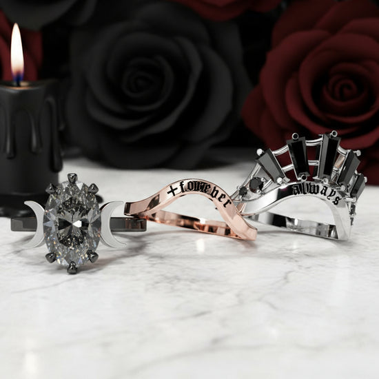 Always and Forever Promise Rings- Oval Cut Diamond Gothic Bridal Set in 14k Rose Gold from Black ...