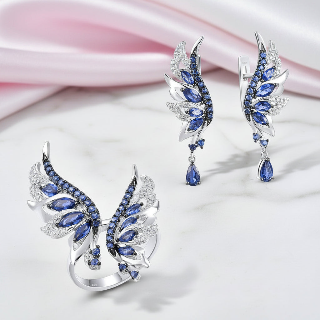 Blue & White Diamond Option Angel Wings Jewelry Set – Black Diamonds ...