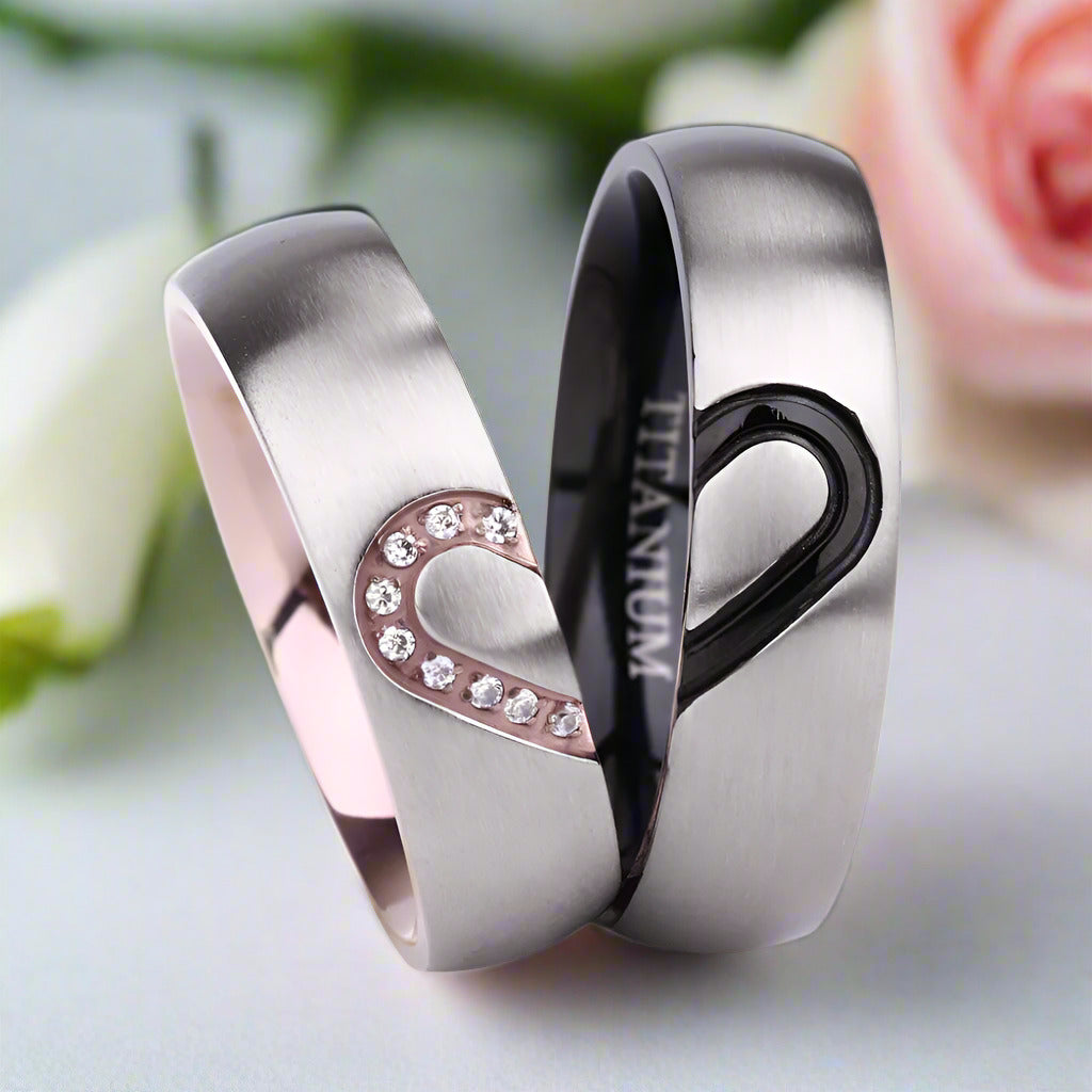Dome Heart Shape Inlay Titanium Couple Wedding Band from Black Diamonds ...