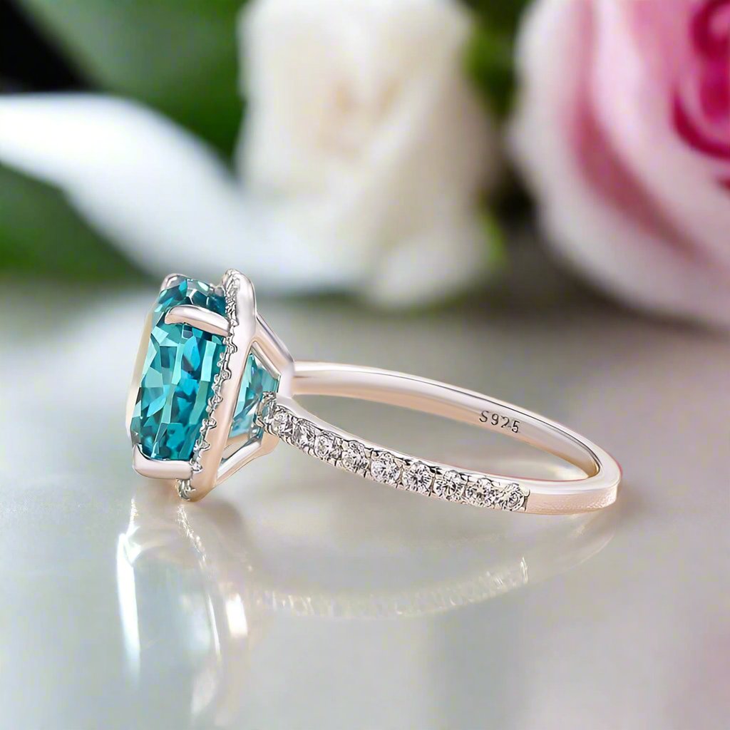 Exquisite Halo Cushion Cut Cyan Blue Diamond Engagement Ring from Black ...