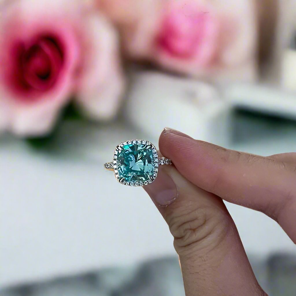 Exquisite Halo Cushion Cut Cyan Blue Diamond Engagement Ring from Black ...