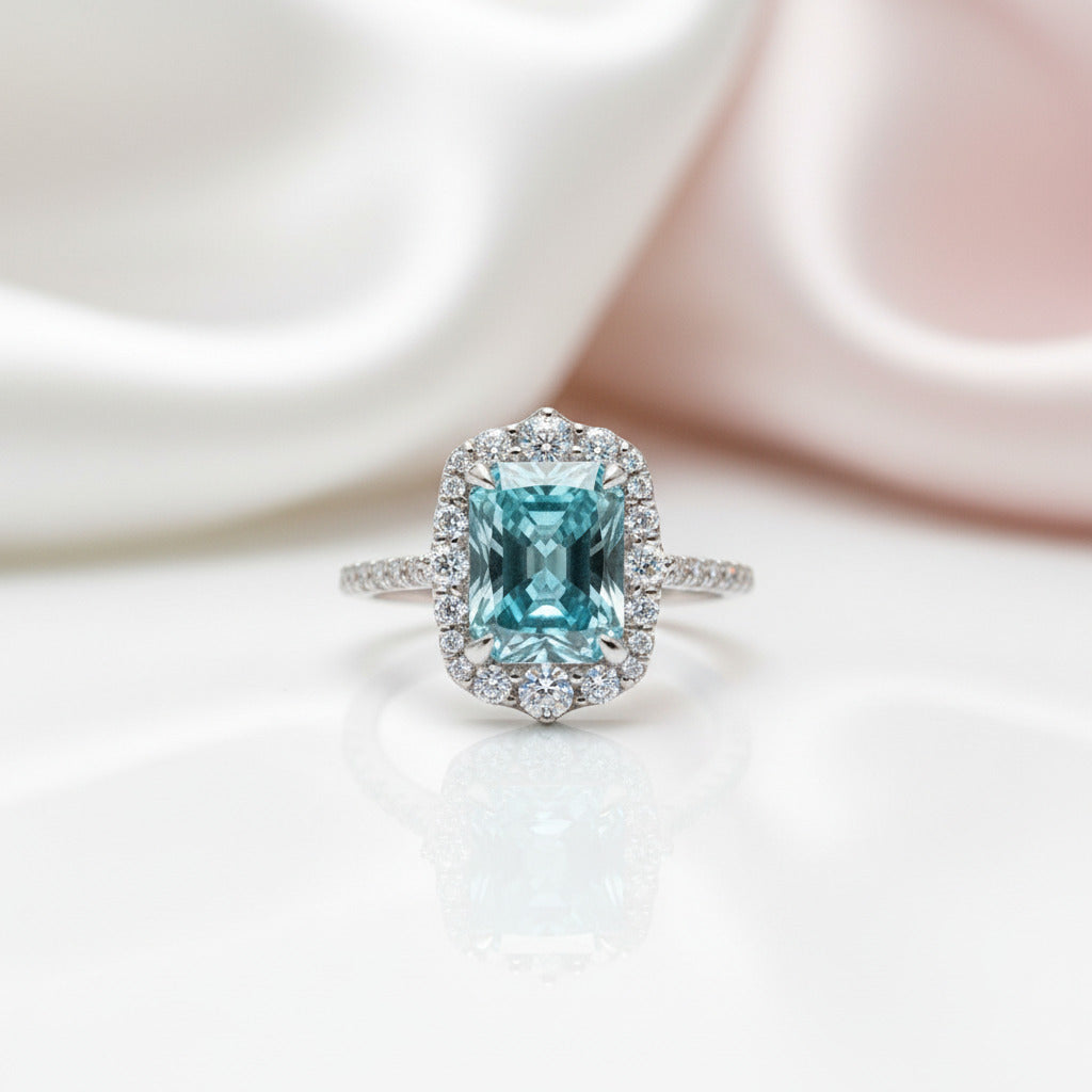 Gorgeous Halo Radiant Cut Cyan Blue Engagement Ring from Black Diamonds ...