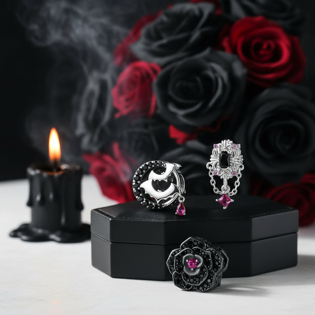 Gothic Flower Moon Bat & Vintage Style Hanging Beads from Black ...