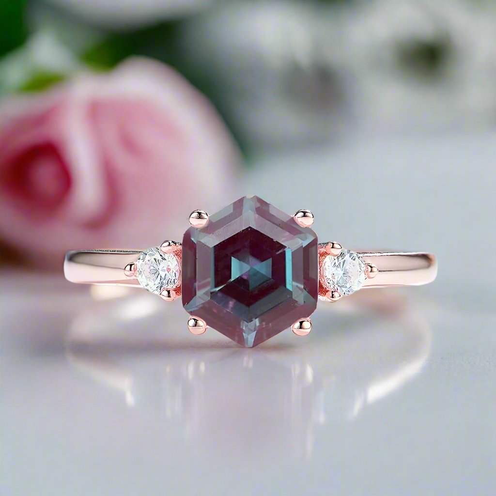 Hexagon Lab Grown Alexandrite Gemstone Ring from Black Diamonds New York