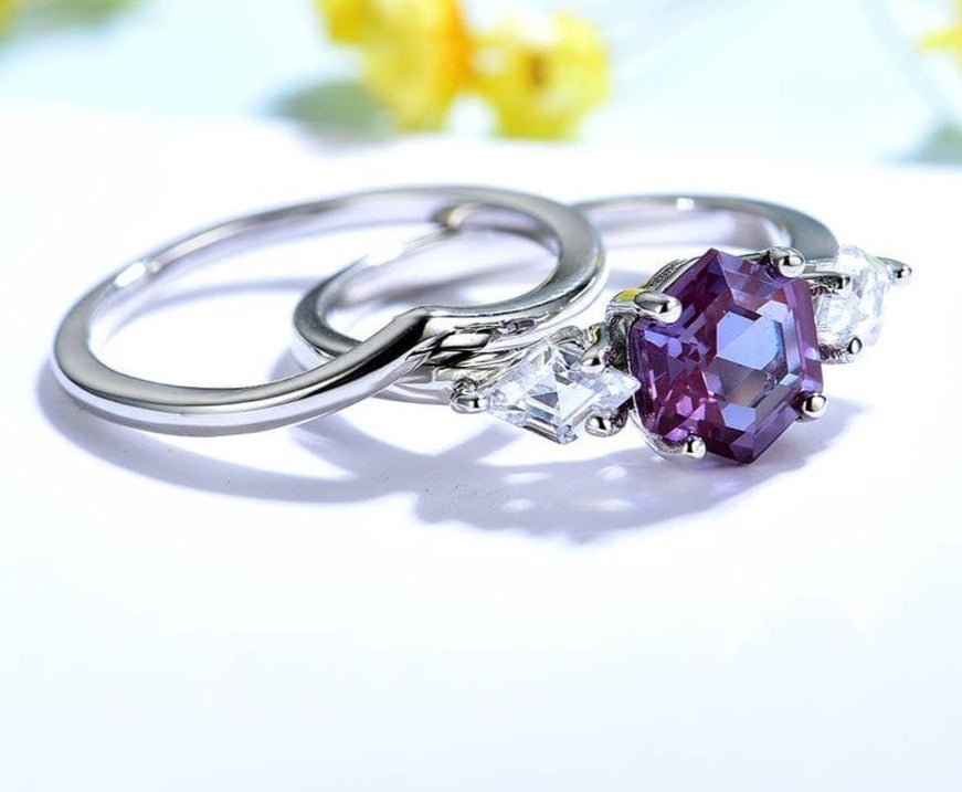 Lab Alexandrite Hexagon Wedding Ring Set from Black Diamonds New York
