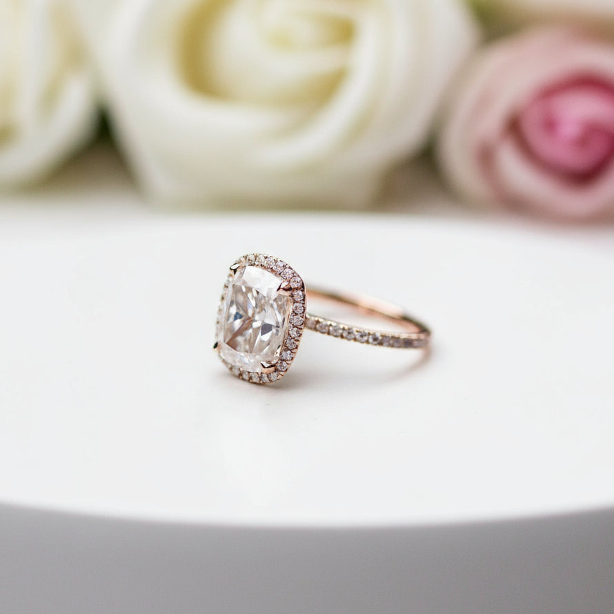 Luxurious Rose Gold Halo Cushion Cut Engagement Ring from Black ...
