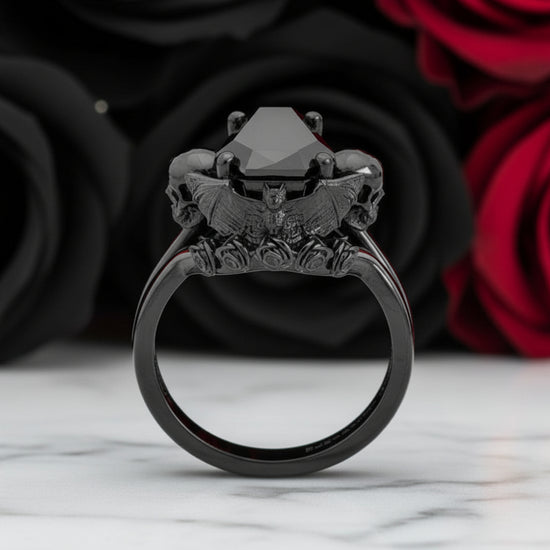 My Ever After Ring - Coffin Cut Diamond with Skulls, Bat and Roses ...