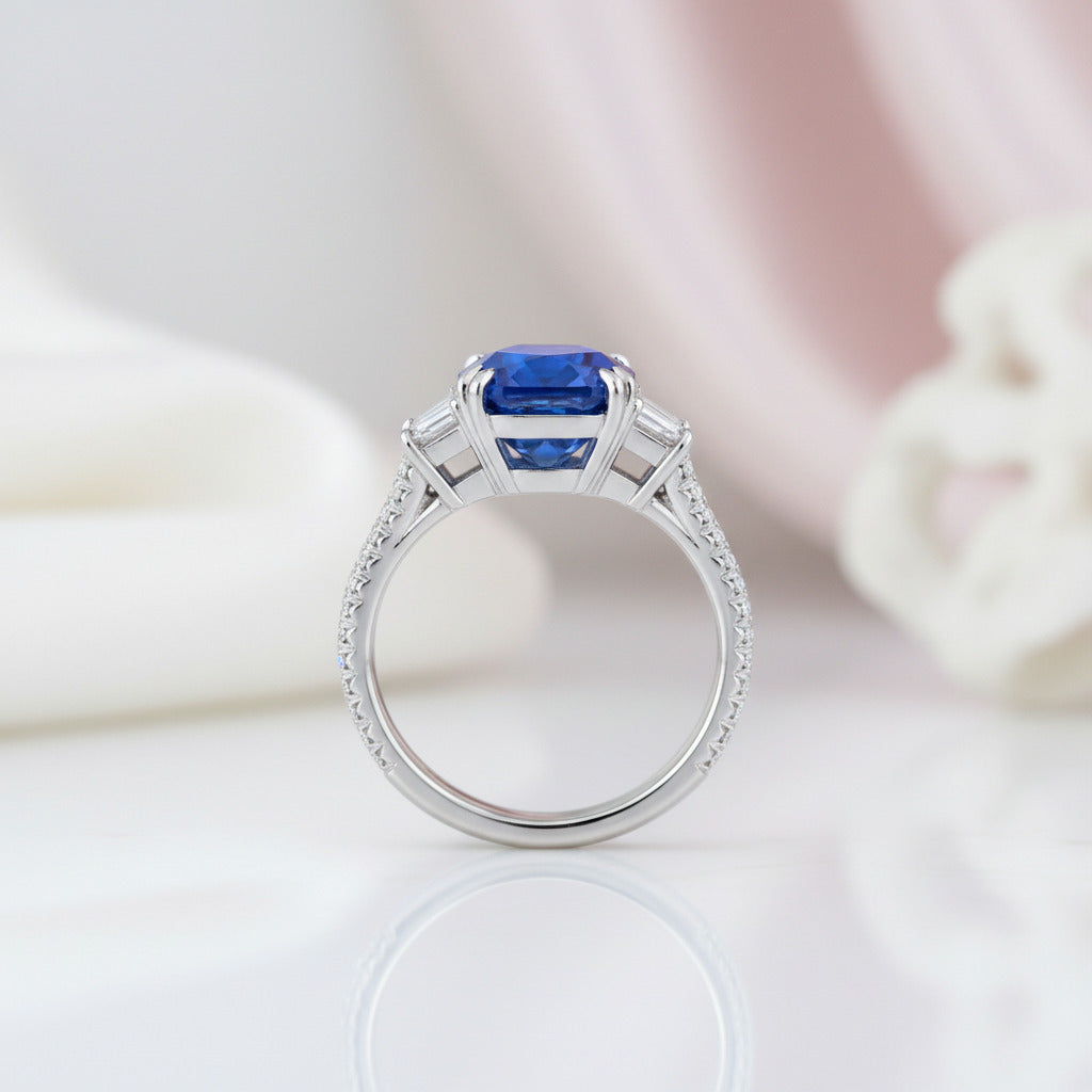 Split Shank Blue Sapphire Cushion Cut Three Stone Engagement Ring from ...