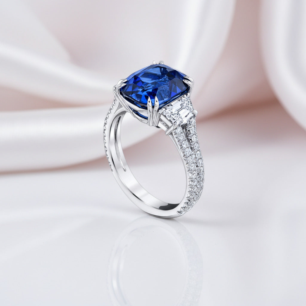 Split Shank Blue Sapphire Cushion Cut Three Stone Engagement Ring from ...