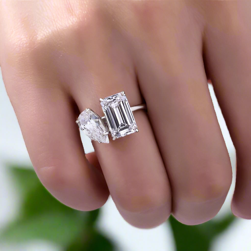 Unique Emerald Cut & Pear Cut Double Stone Engagement Ring from Black Diamonds New York