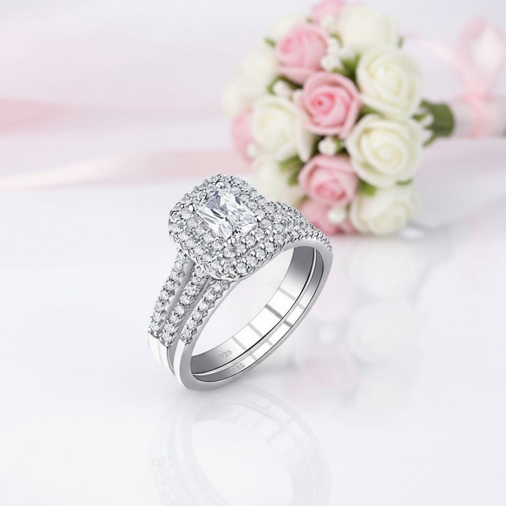 Radiant-Cut Diamond Double-Halo Split Shank Ring Set – Black Diamonds ...